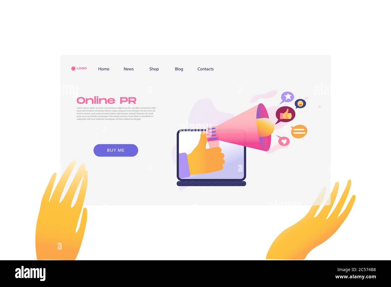 Flat cartoon icon with online PR business landing page template for ...