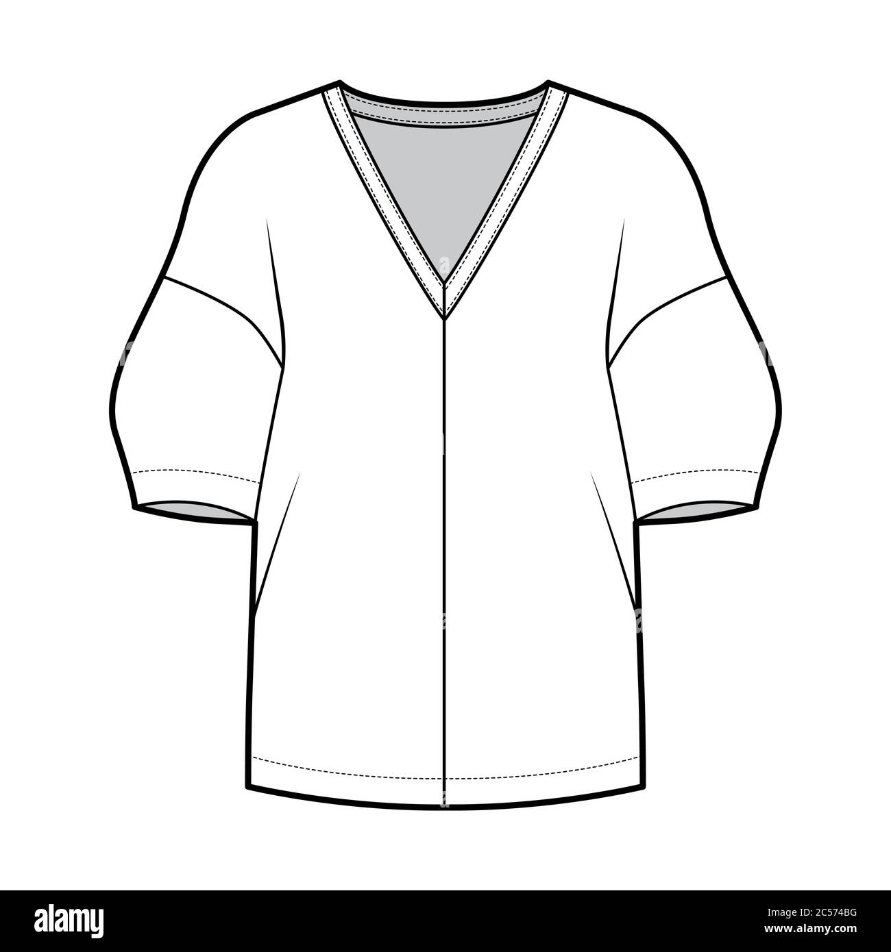 Blouse technical fashion illustration with deep V neck, dropped ...