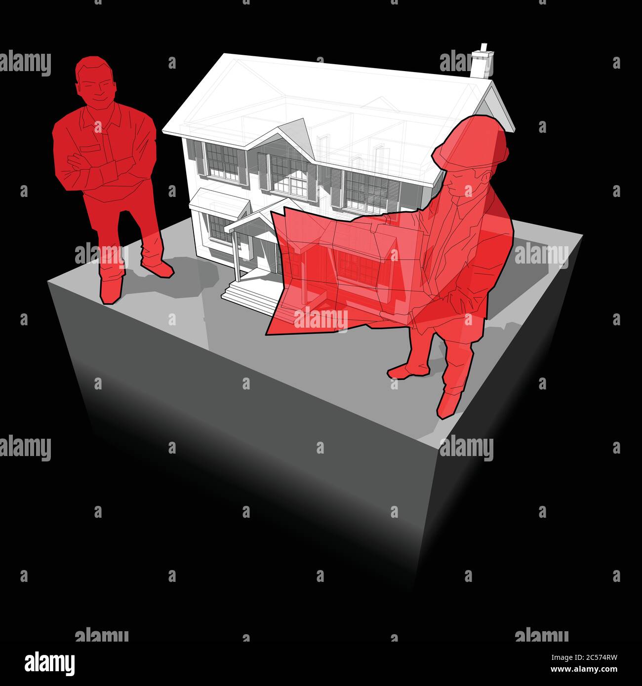 diagram of a classic colonial house and architect and happy smiling man ...