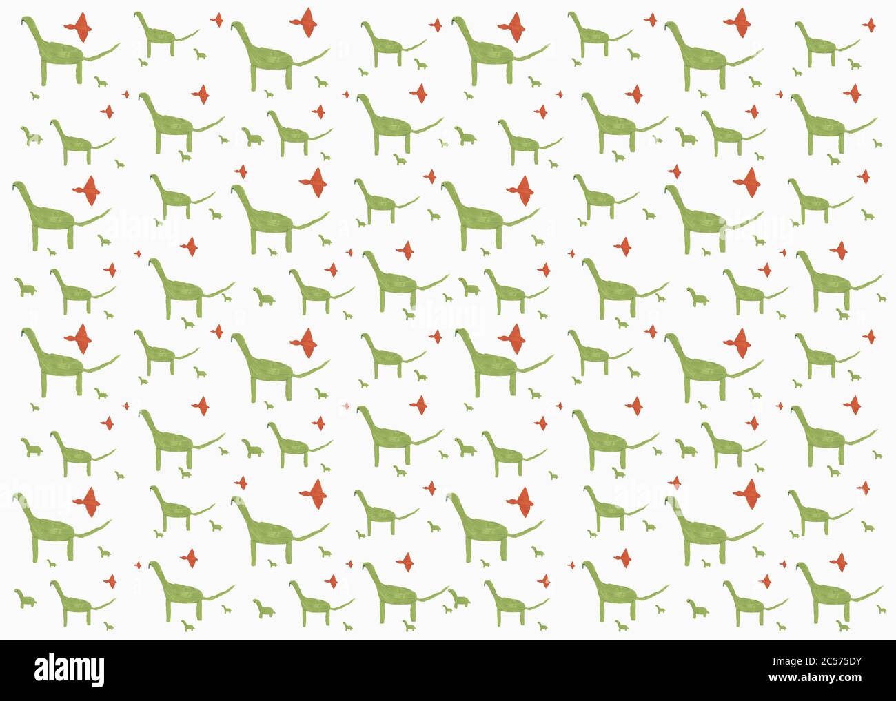 Childs drawing green and red dinosaur pattern on white background Stock ...
