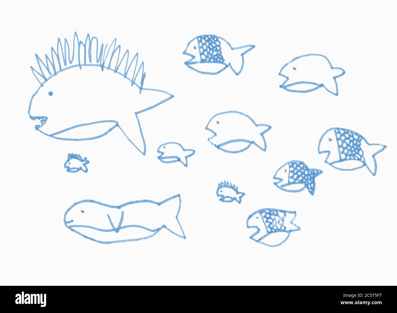 Childs drawing blue fish on white background Stock Photo - Alamy