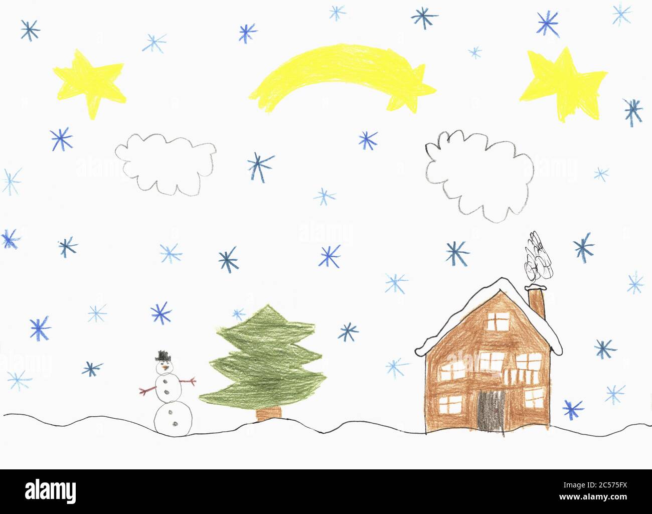 Childs drawing snow falling over house and snowman Stock Photo - Alamy
