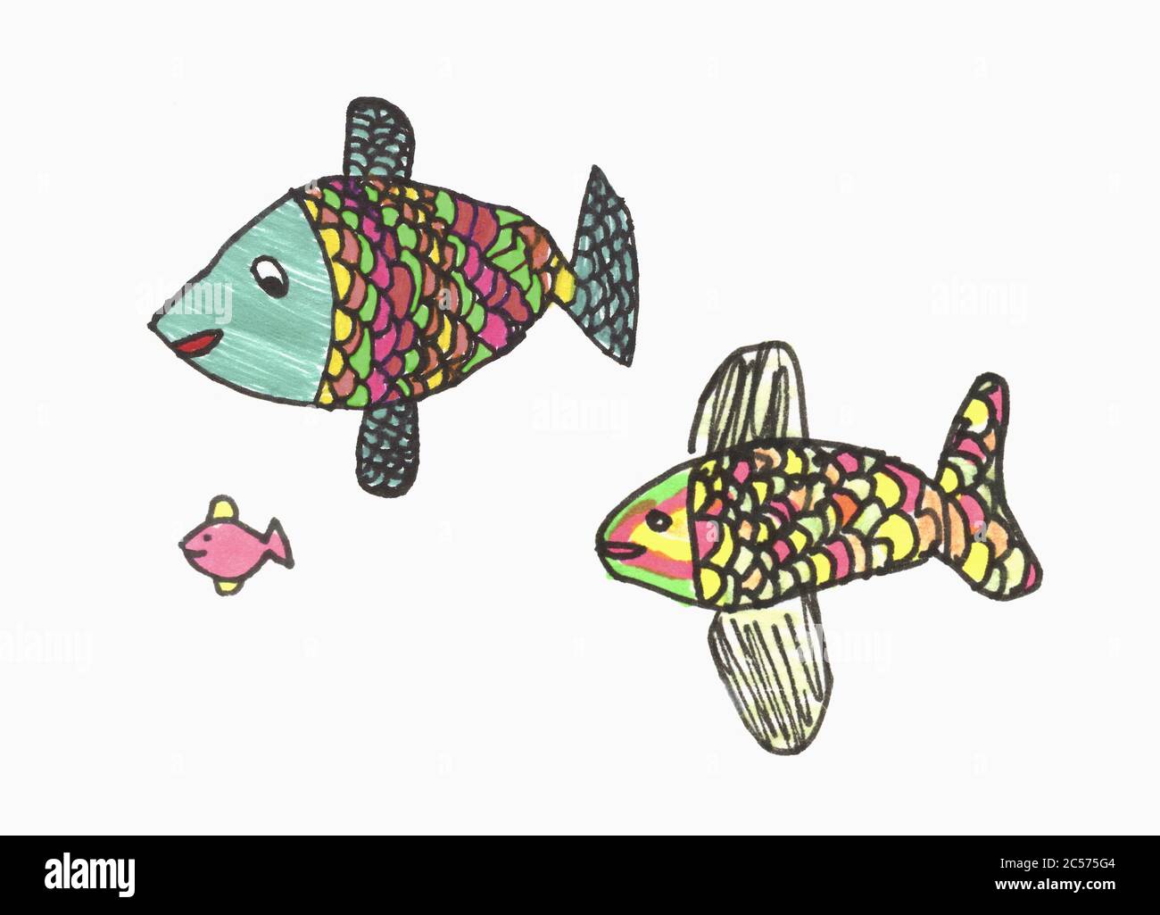 Childs drawing multicolor fish family on white background Stock Photo ...