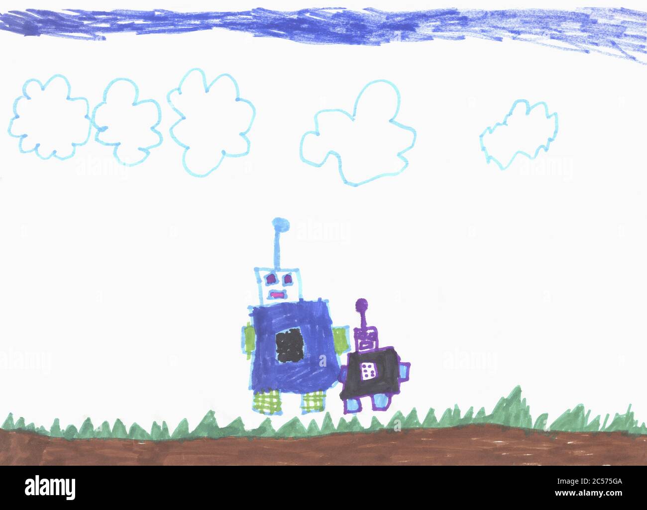 Childs drawing anthropomorphic robots below cloudy sky Stock Photo - Alamy