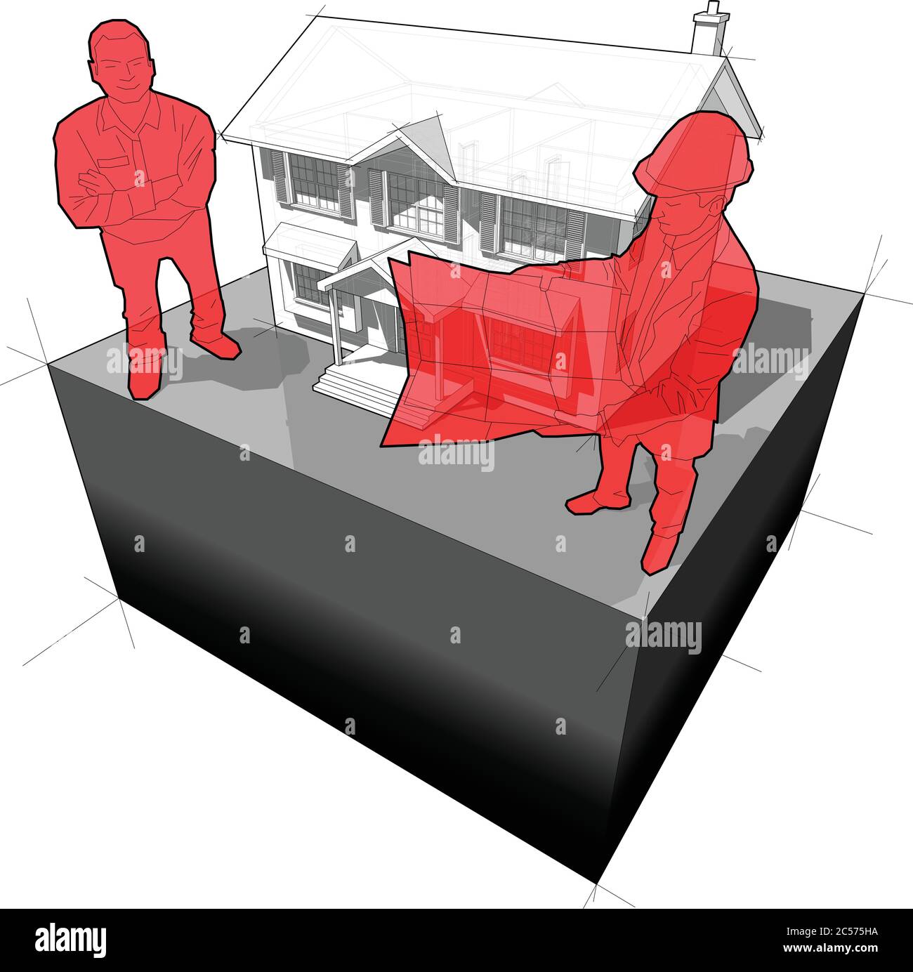 diagram of a classic colonial house and architect and happy smiling man ...
