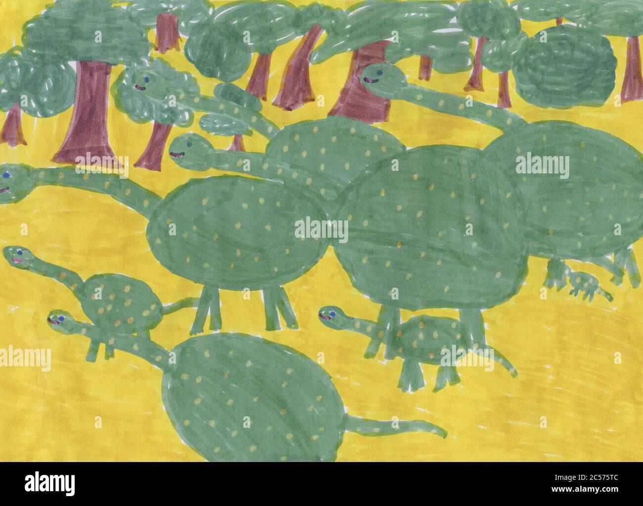 Childs drawing dinosaurs roaming Stock Photo - Alamy