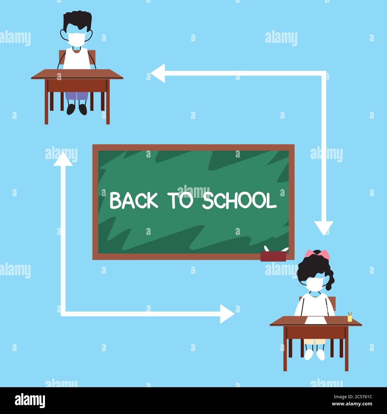 school kids keeping distance, students wearing a face mask sitting on ...