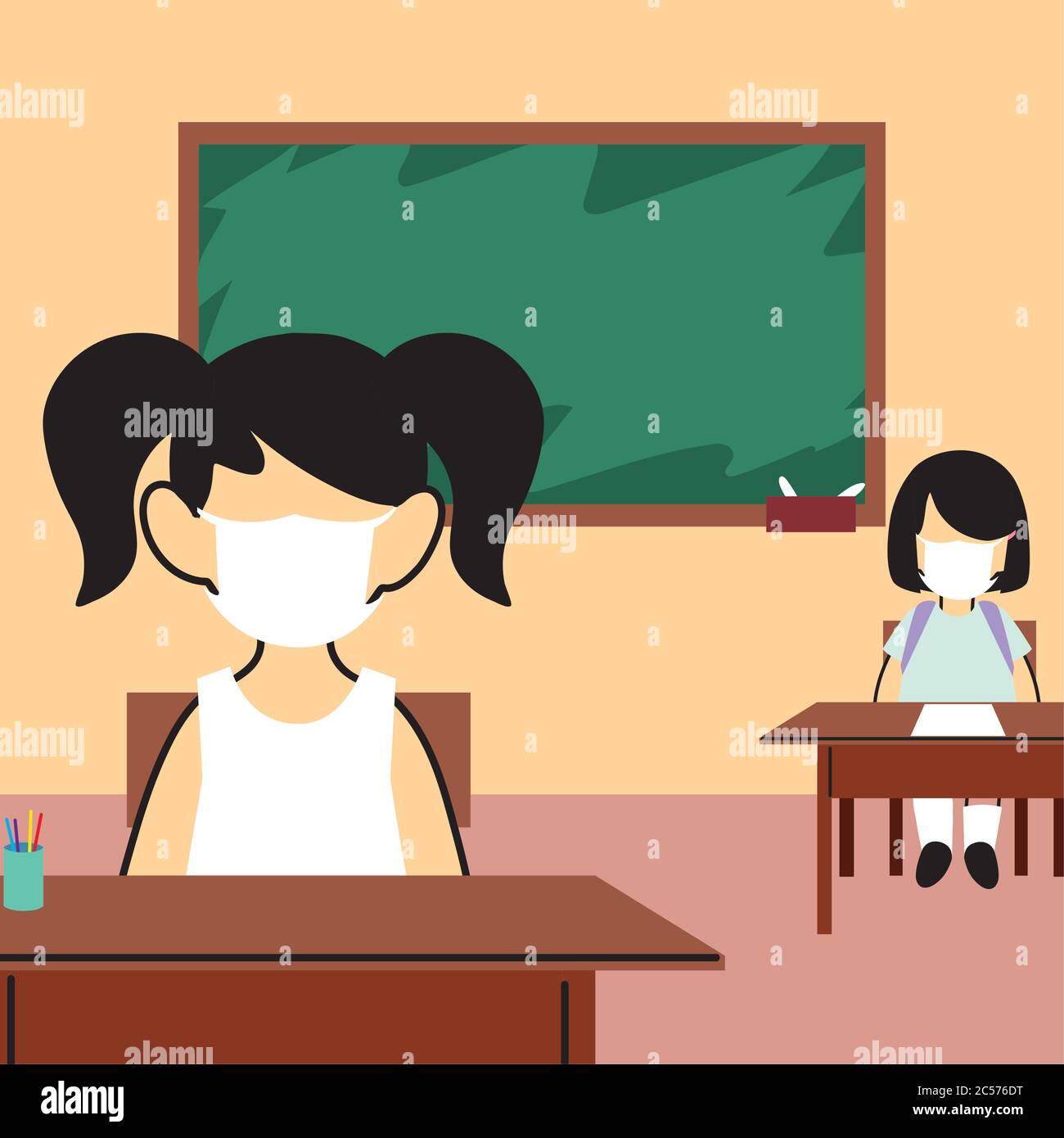kids students wearing face mask in class, social distancing vector ...