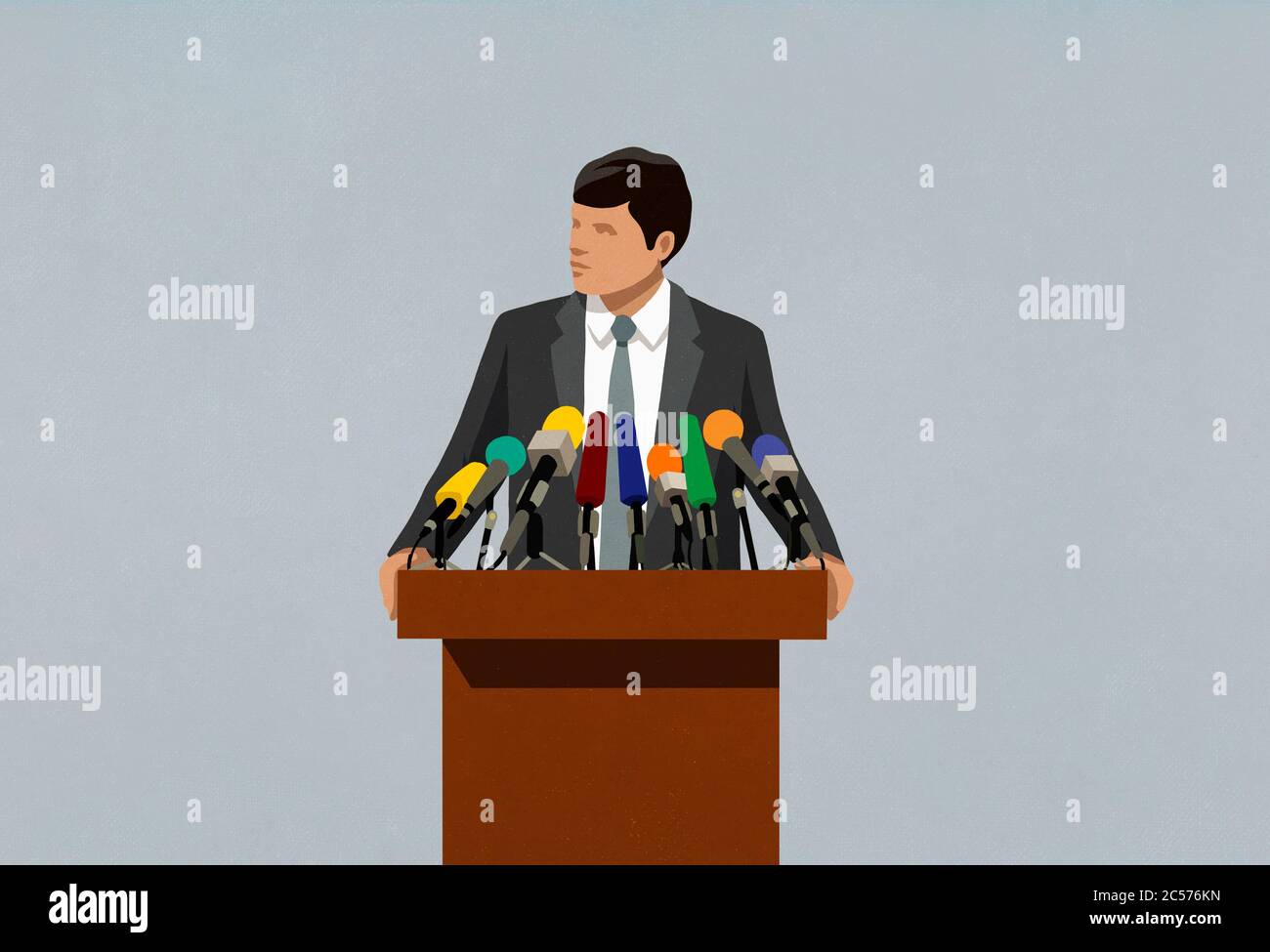 Politician speaking at microphones on podium Stock Photo - Alamy