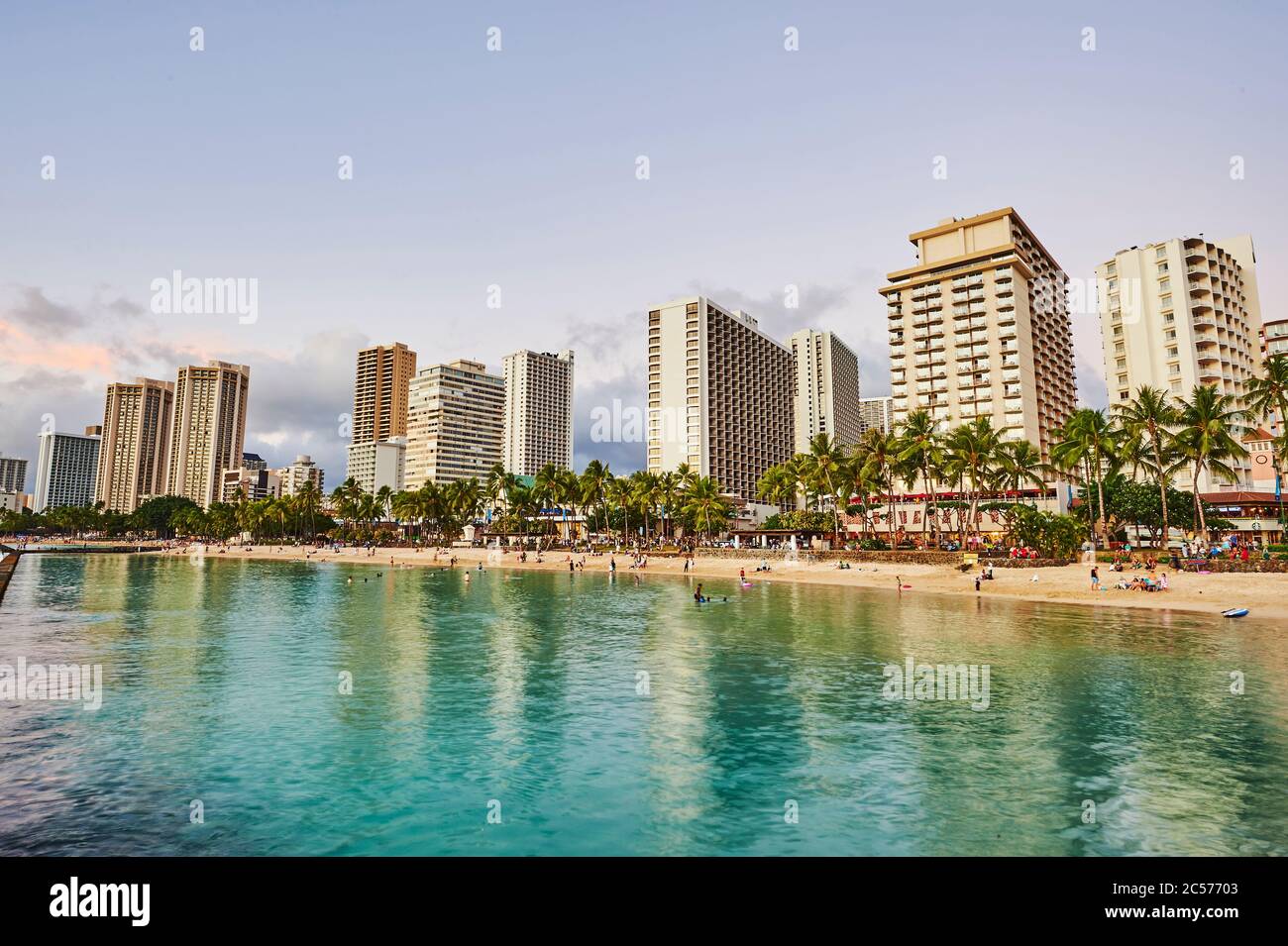 Landscape with tall buildings on the beach, Honolulu, Hawaiian Island ...
