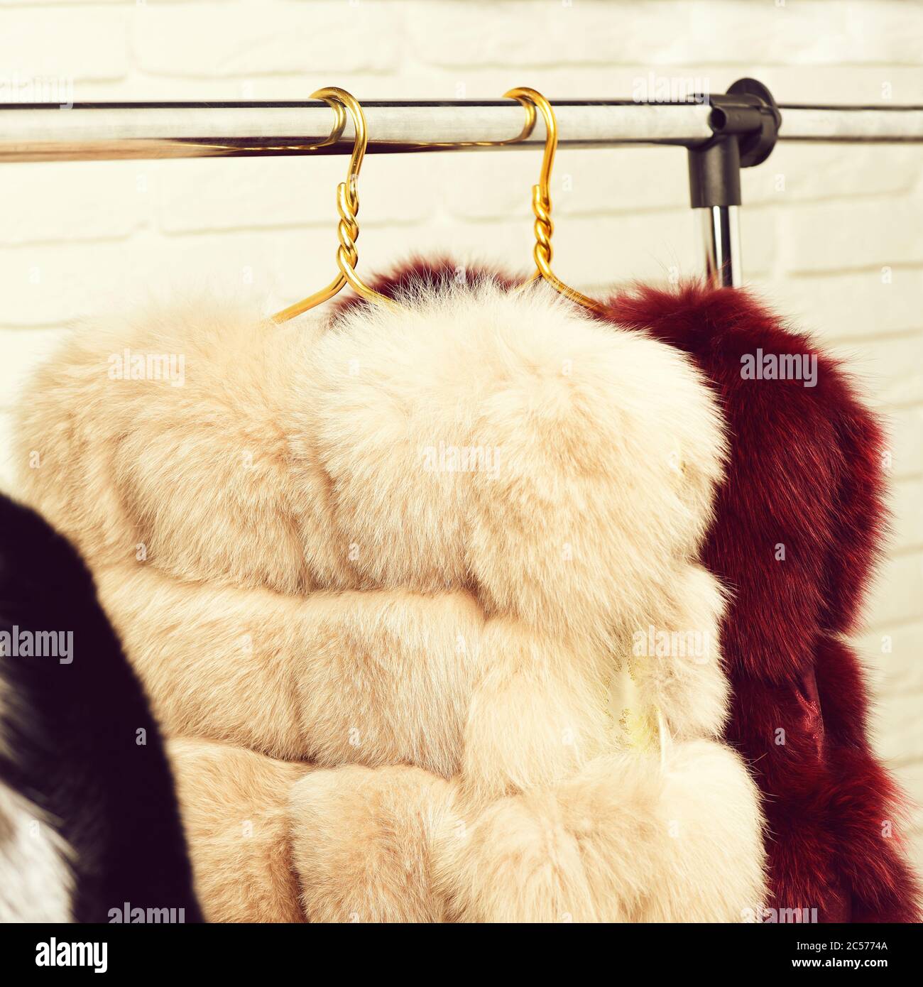 fashionable luxurious waist coats of fur hanging on rack on golden ...