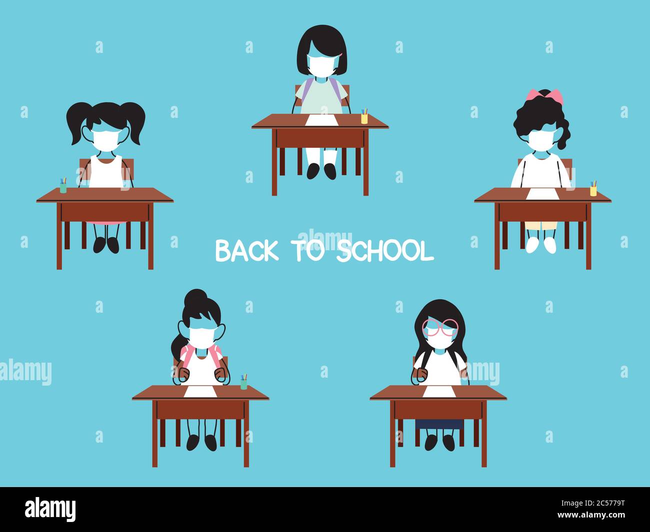 back to school, group of kids wearing face mask and social distancing ...