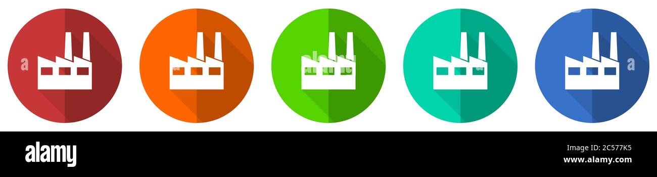 Factory icon set, industrial building, red, blue, green and orange flat ...