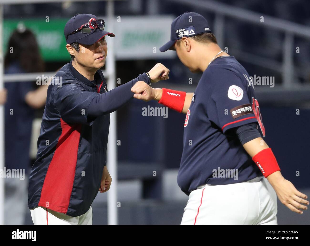 01st July, 2020. Lotte Giants' Lee Dae-ho Lotte Giants' Lee Dae-ho (R ...