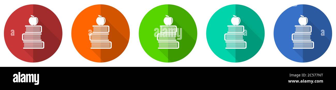 Apple on books icon set, education, knowledge, red, blue, green and ...