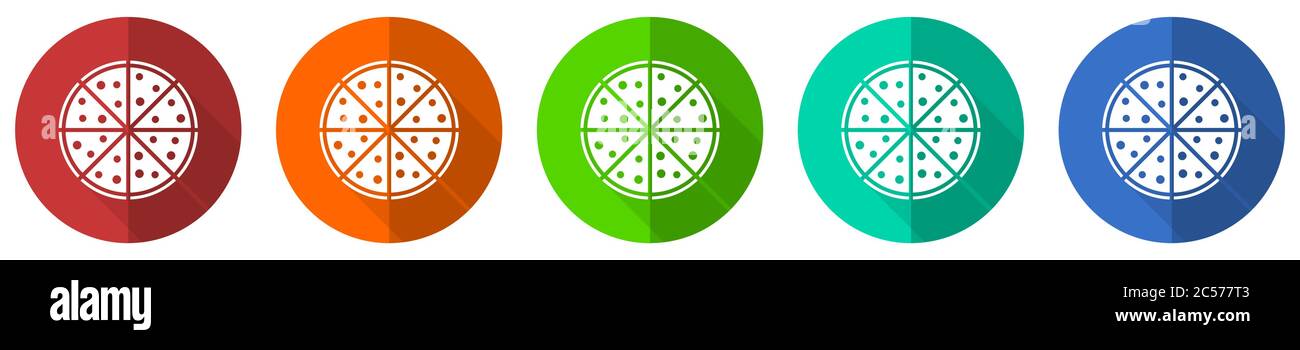 Pizza icon set, food, restaurant, red, blue, green and orange flat ...
