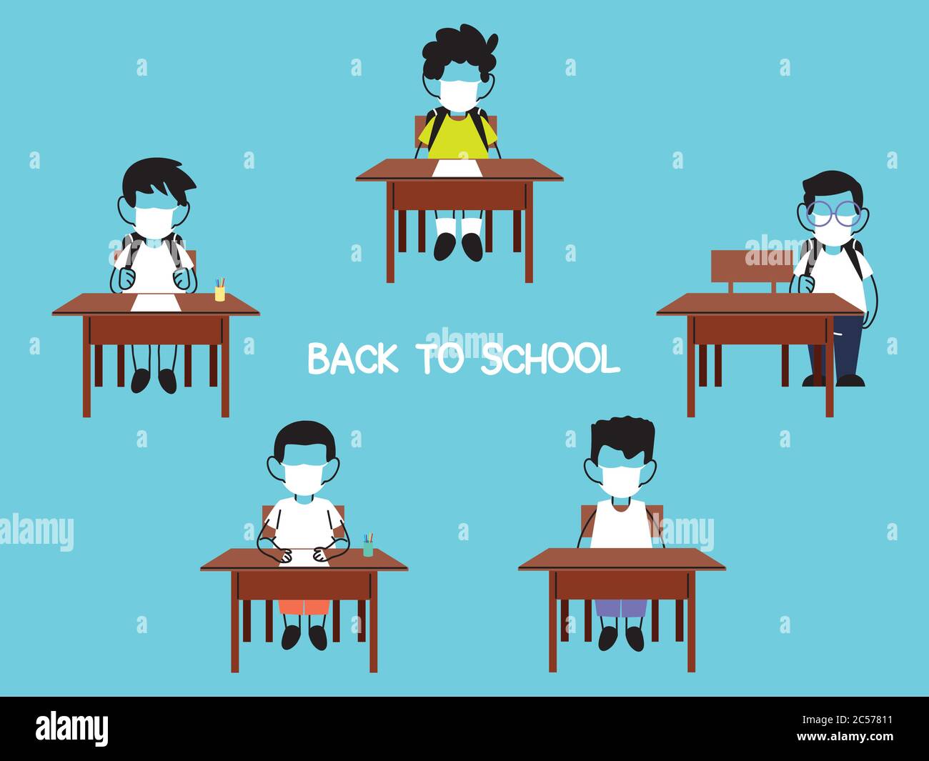back to school, group of kids wearing face mask and social distancing ...
