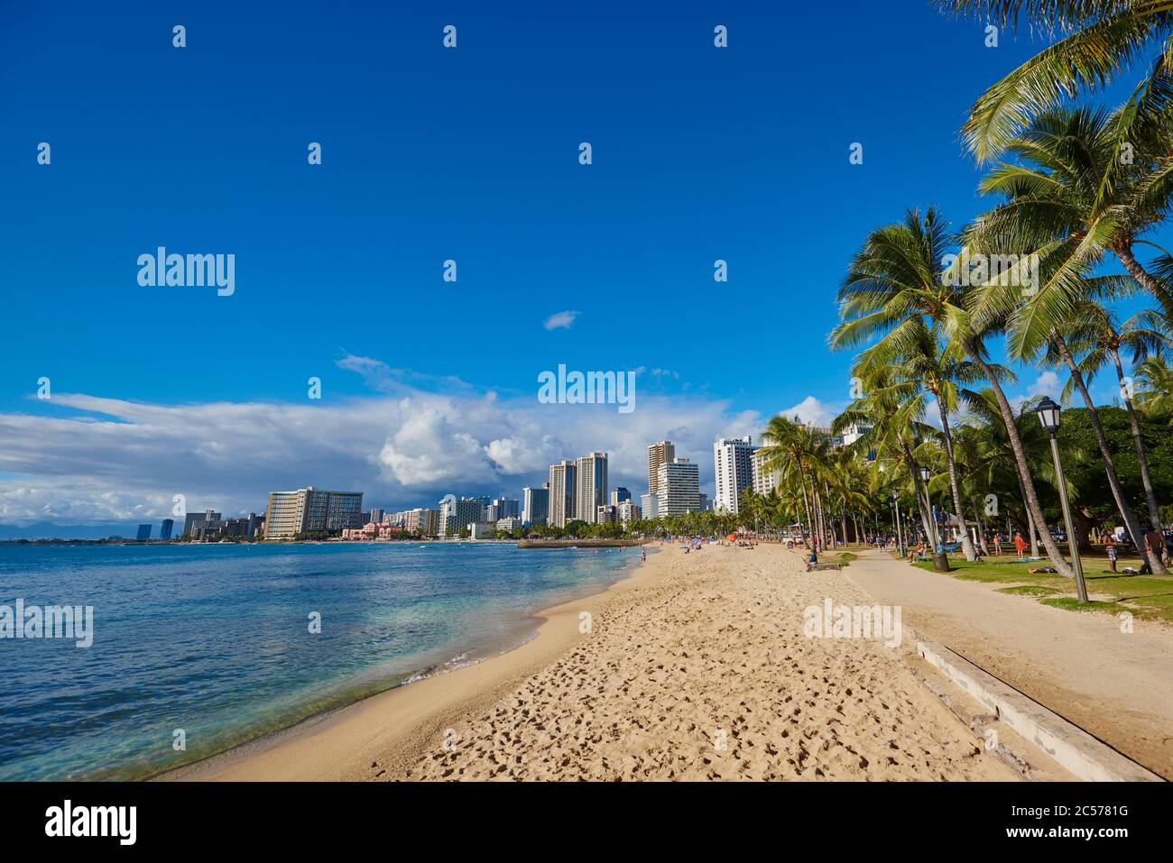 Landscape with tall buildings on the beach, Honolulu, Hawaiian Island ...