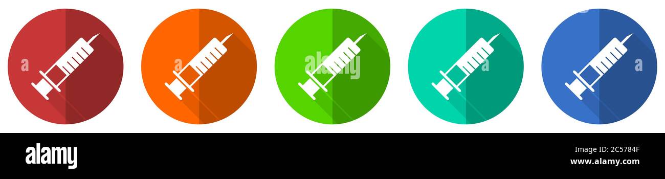 Syringe, injection icon set, red, blue, green and orange flat design ...
