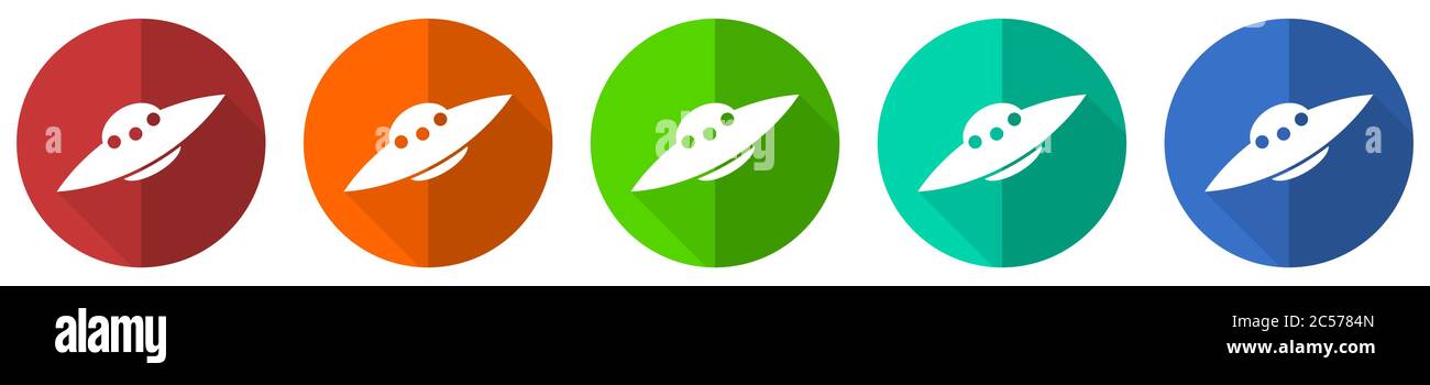 Ufo, alien spaceship icon set, red, blue, green and orange flat design ...