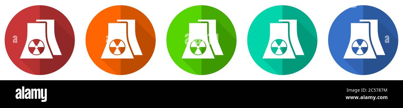 Nuclear power plant icon set, red, blue, green and orange flat design ...