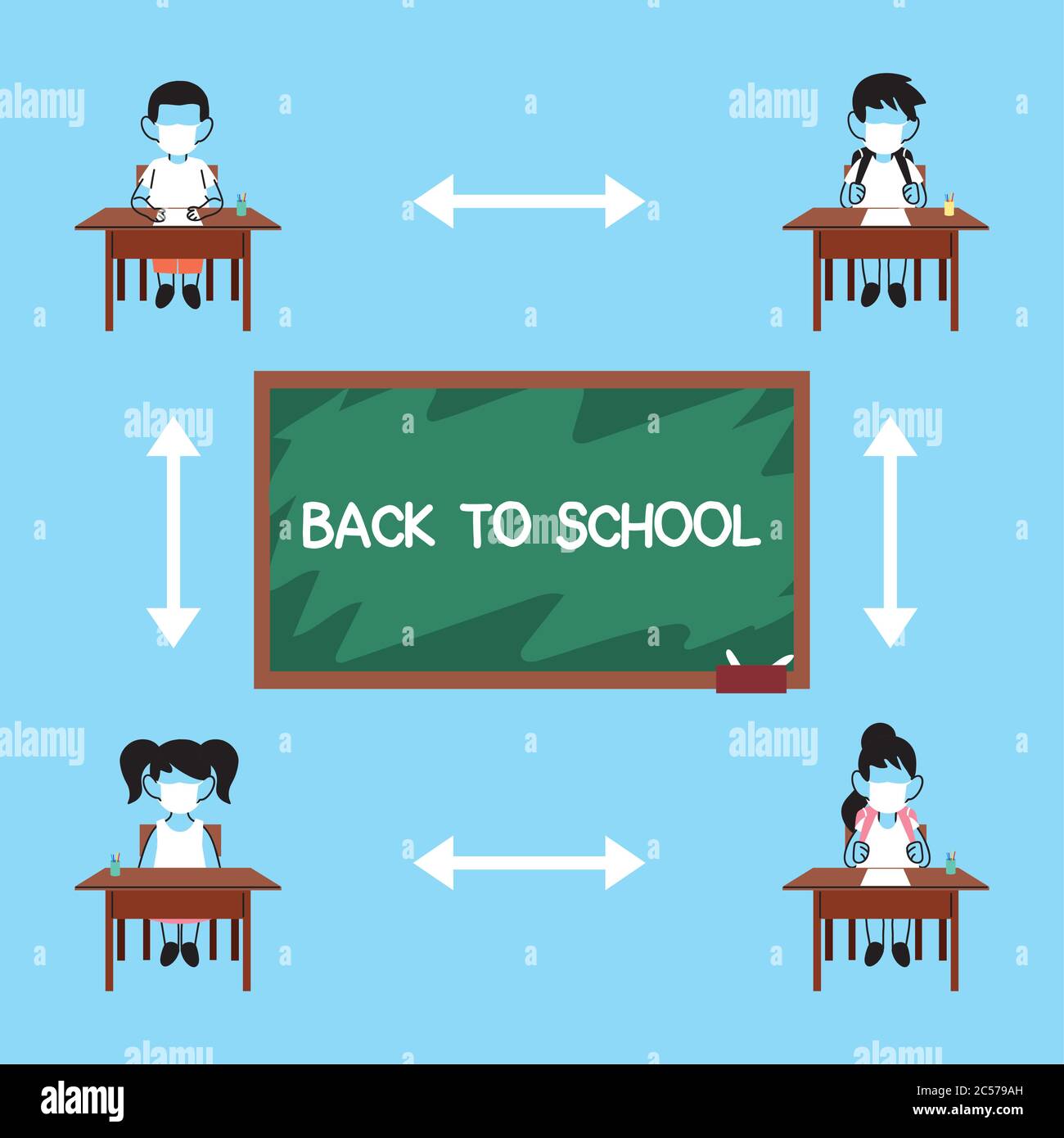 school kids keeping distance, students wearing a face mask sitting on ...