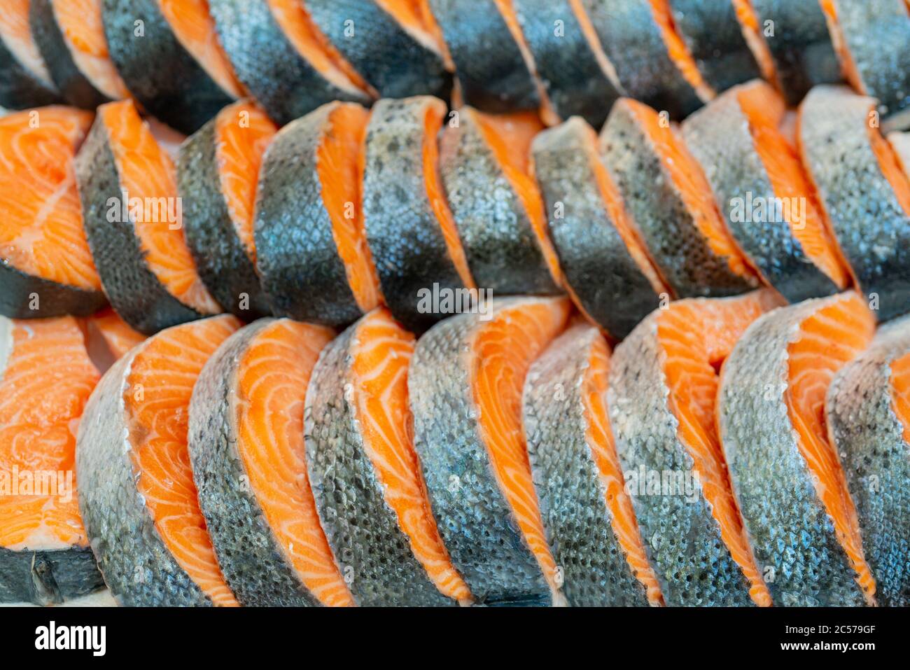 Fresh salmon steaks. Seafood is sold at store. Fresh fish at ...