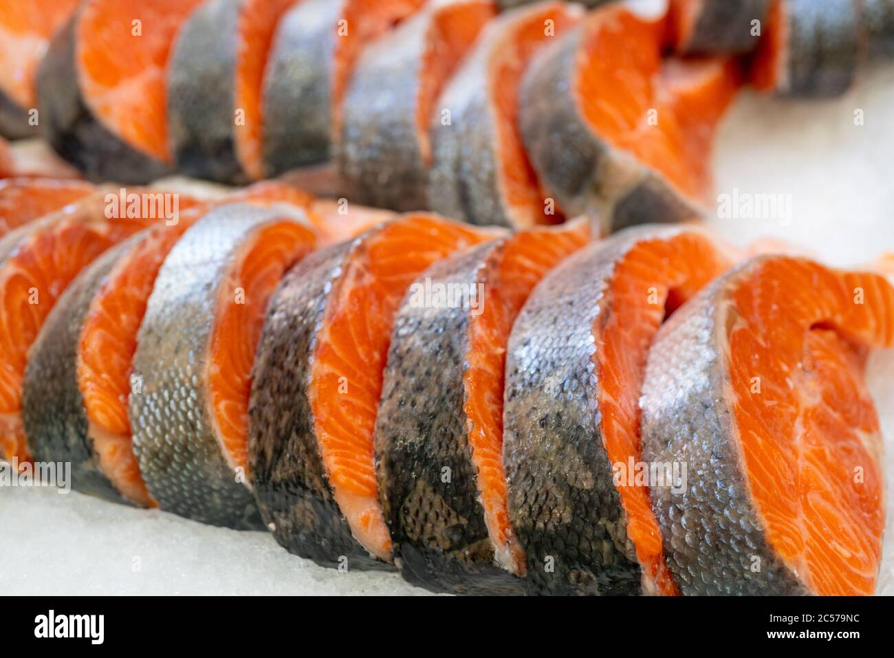 Fresh salmon steaks. Seafood is sold at store. Fresh fish at ...