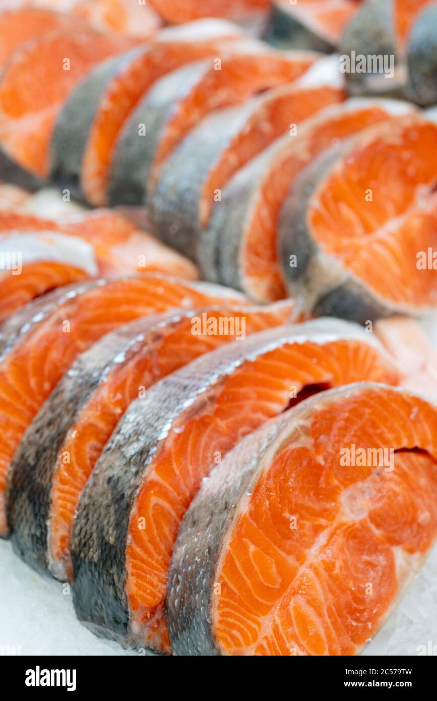 Fresh salmon steaks. Seafood is sold at store. Fresh fish at ...