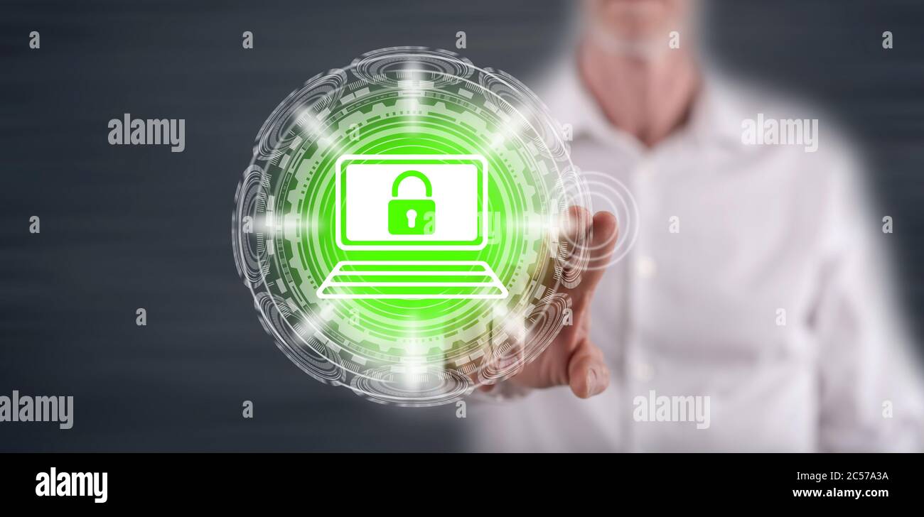 Man touching a cyber security concept on a touch screen with his finger ...