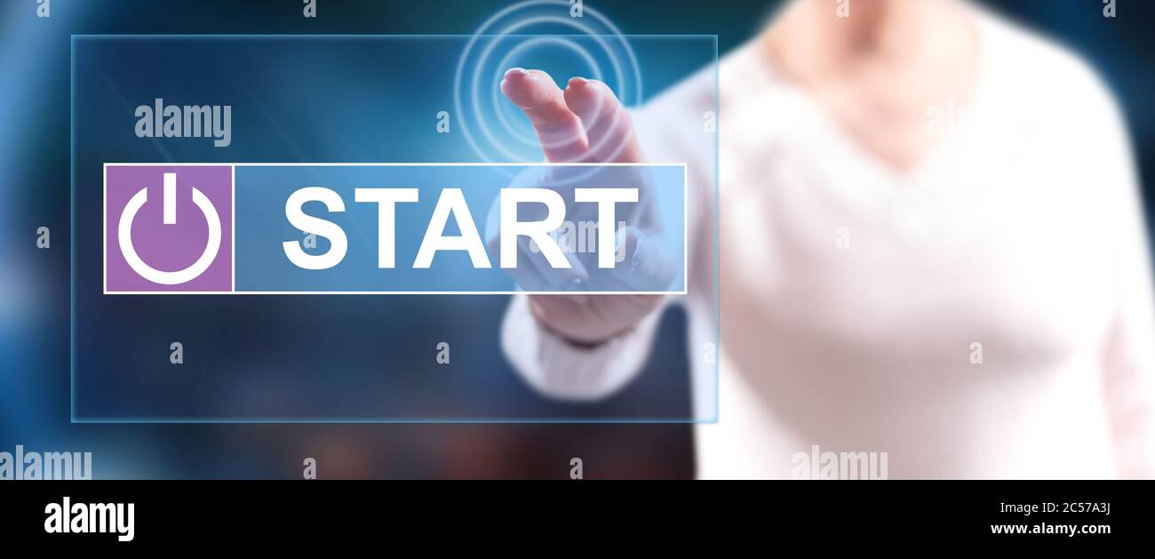 Woman touching a start concept on a touch screen with her fingers Stock ...