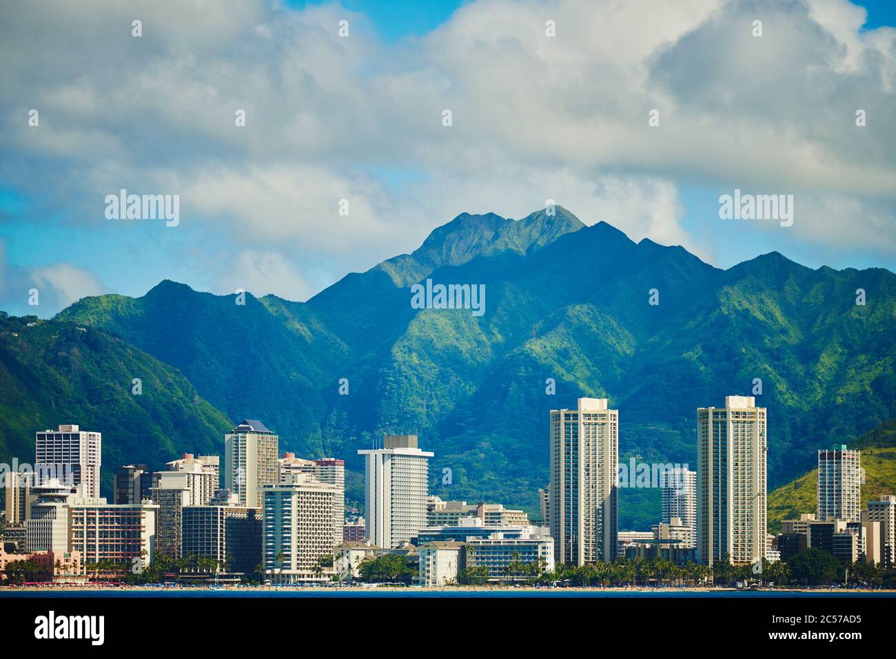 Landscape with tall buildings on the beach, Honolulu, Hawaiian Island ...