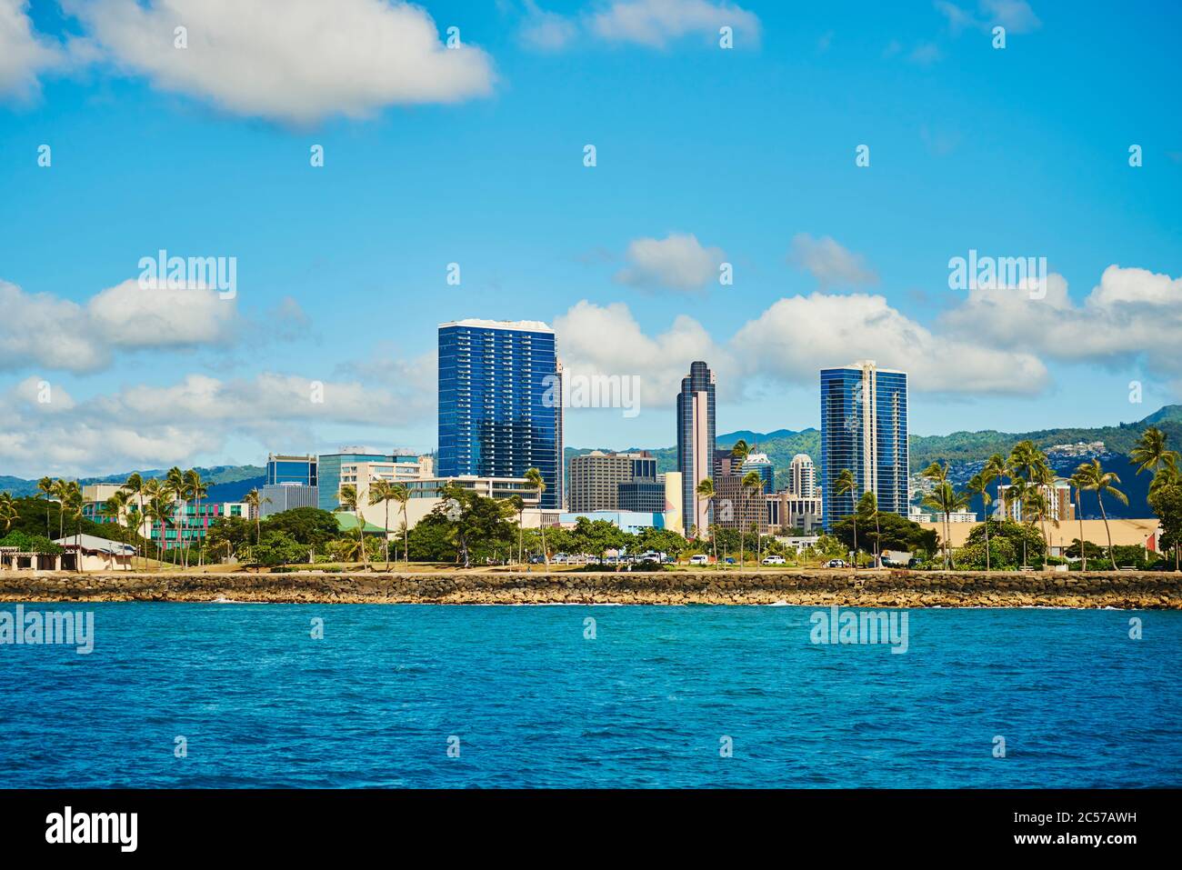 Landscape with tall buildings on the beach, Honolulu, Hawaiian Island ...