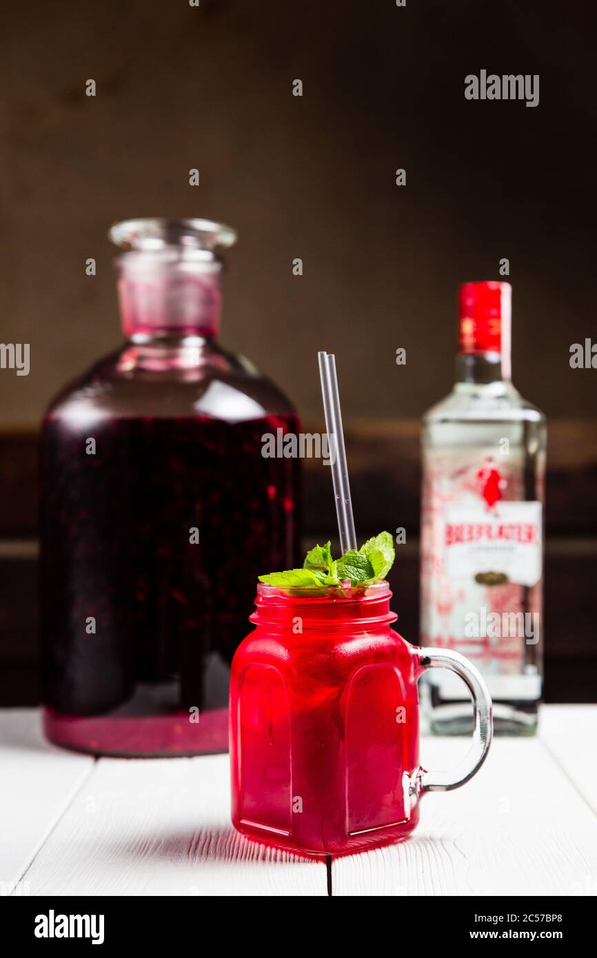 Belarus, Minsk, May 24, 2018. A cold refreshing cherry alcoholic ...
