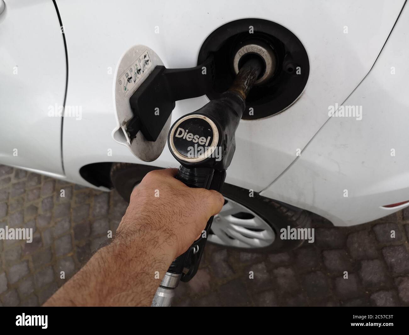 Top view of a man filling the car tank with diesel fuel at the gasoline ...