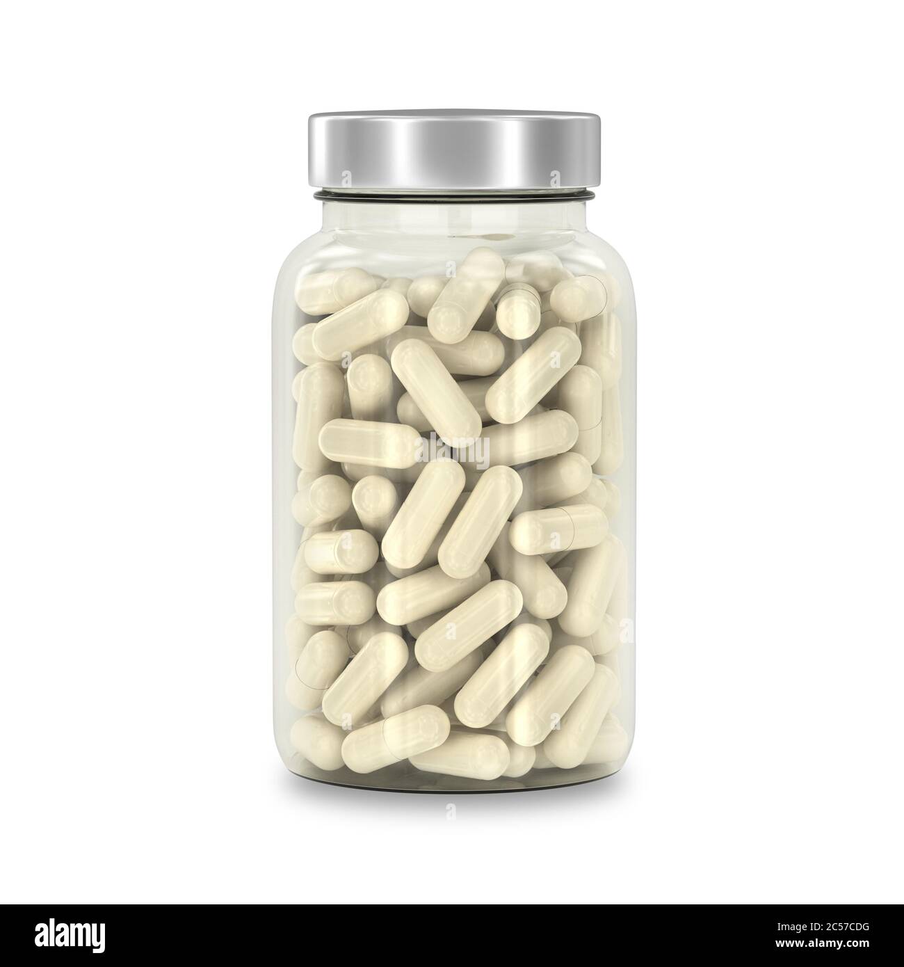 Glass jar with medicines. Bottle of supplement capsules isolated on ...