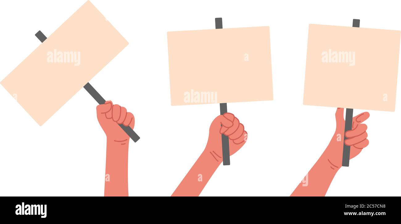 Many human hands with protest posters. Vector illustration isolated on ...