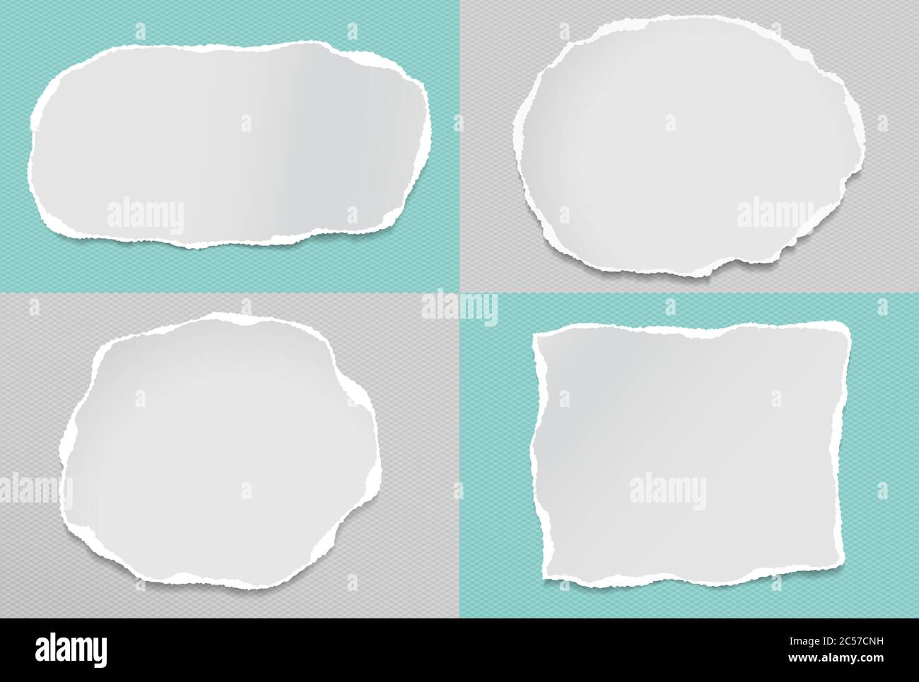 Set of torn white note, notebook paper strips and pieces stuck on grey ...