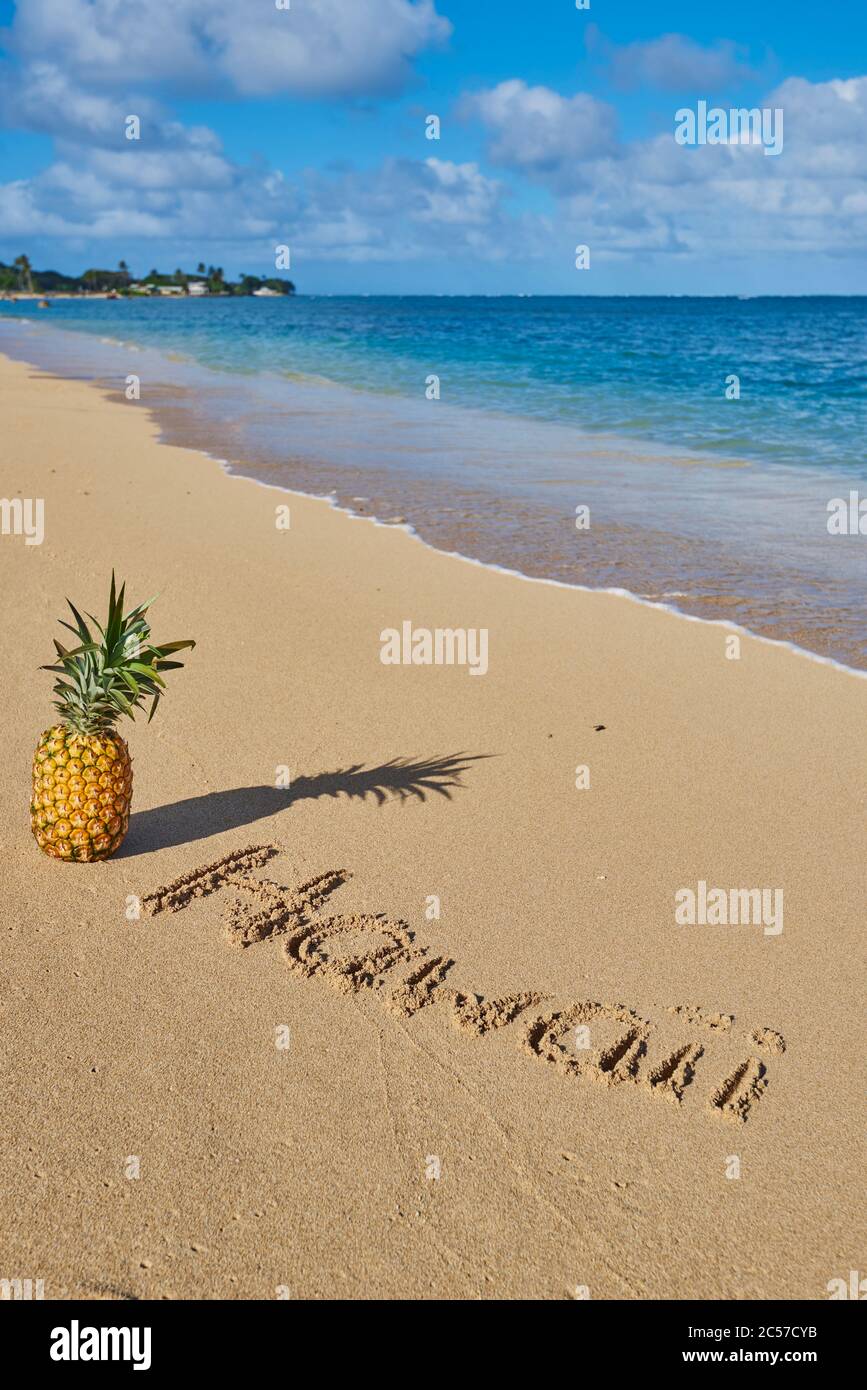 Inscription with pineapple on the beach, Sunset Beach on Oahu, North ...