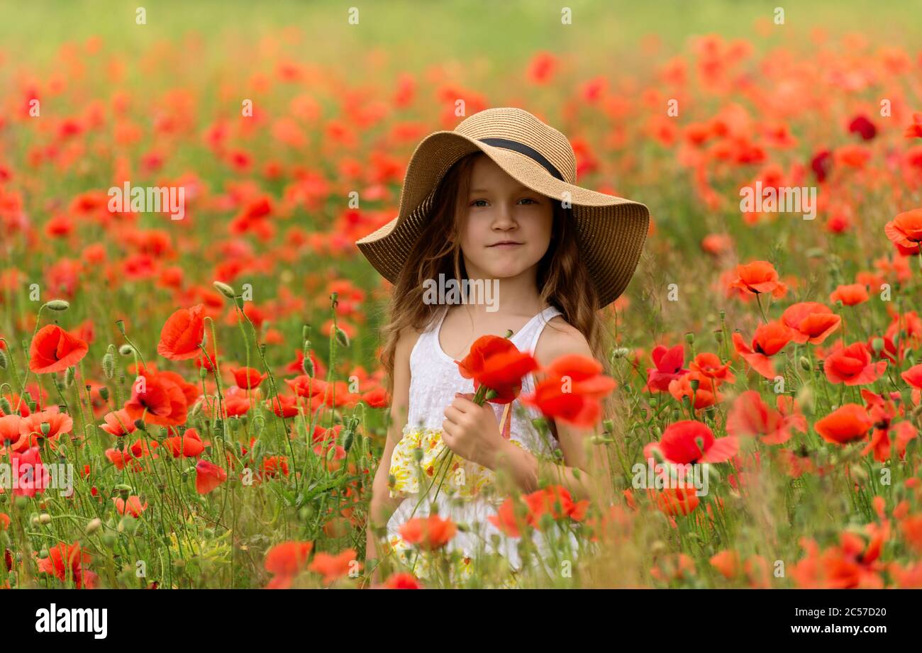 Adorable girl 6 years old in a bright poppy field. Portrait of a cute ...