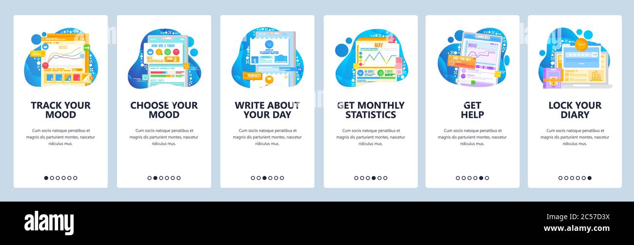 Mood tracker website and mobile app onboarding screens vector template ...