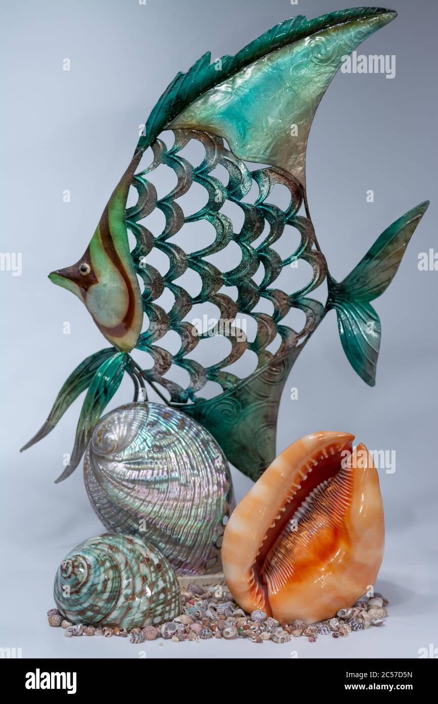 Vertical shot of a fish figurine with different seashells under it on a ...