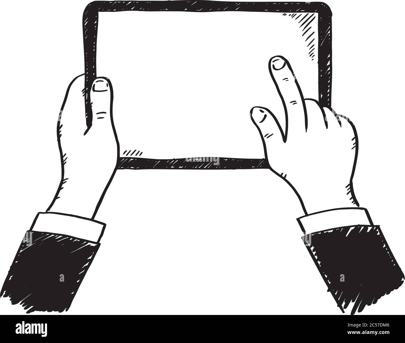 Doodle illustration of hands holding tablet computer with one hand ...