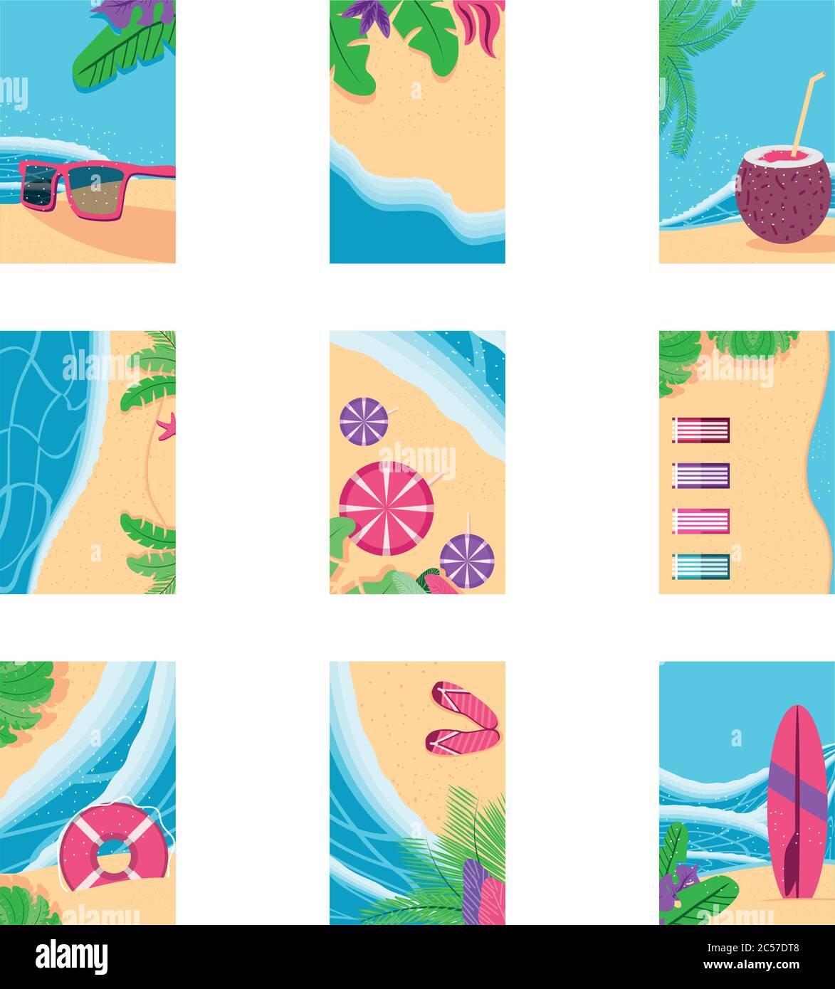 Summer backgrounds top view detailed style frames set design, vacation ...