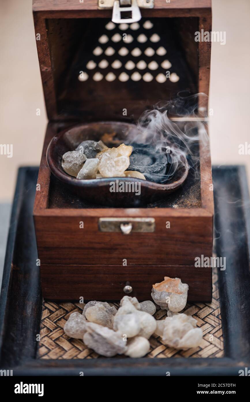 A traditional Omani frankincense censer or burner, using locally ...