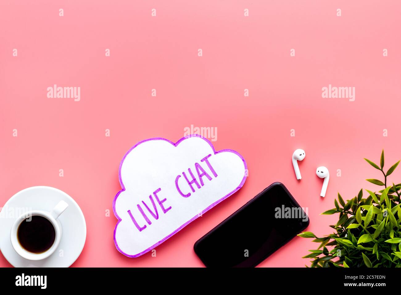 Live chat conversation message concept. Office desktop top view Stock ...