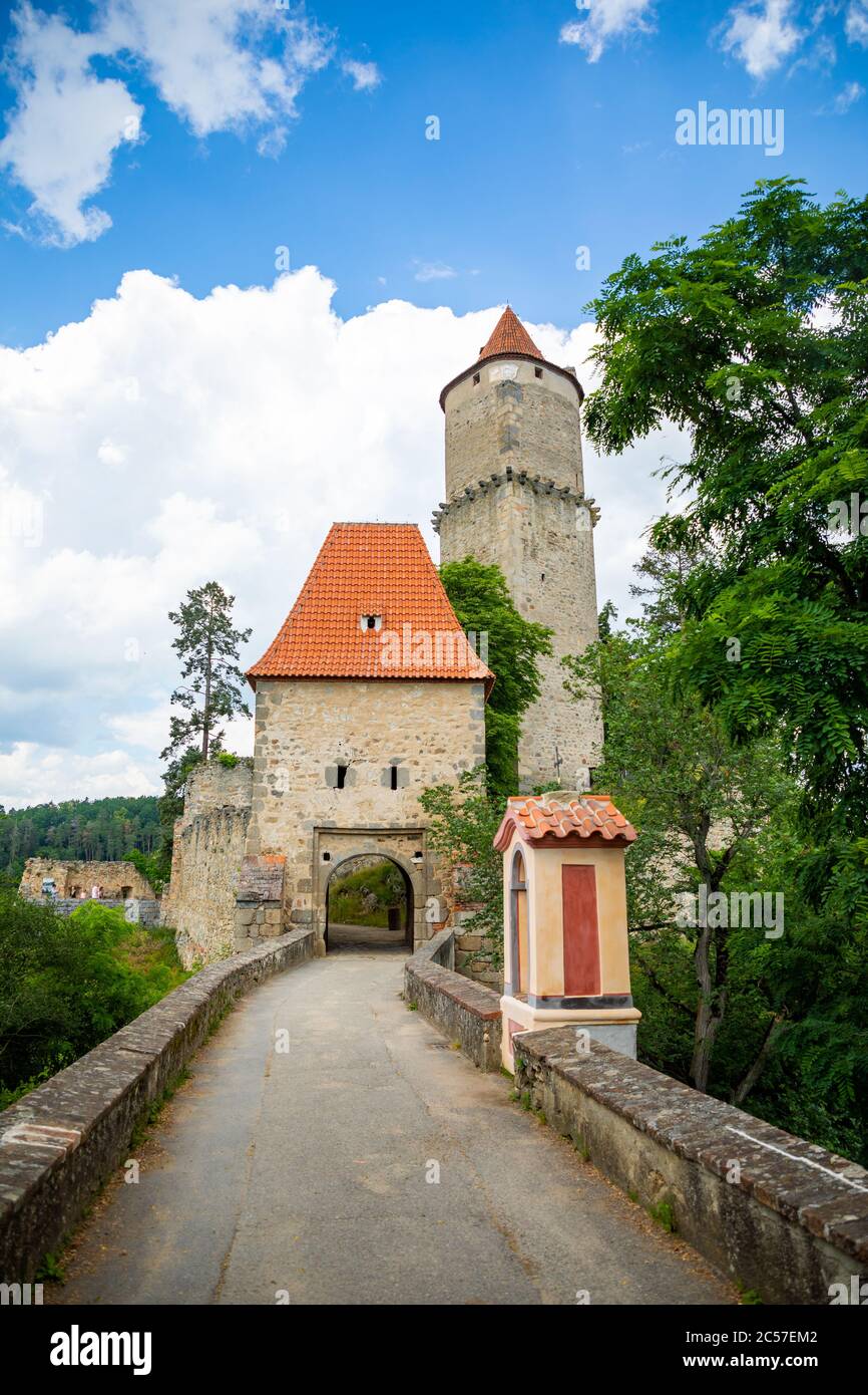 Medieval castle Zvikov or Klingenberg, main entry gate with round tower ...