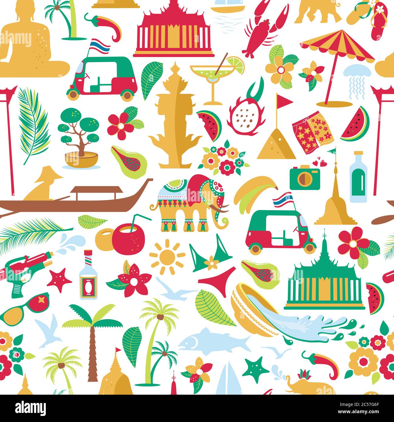 Asia Culture set of bruight icons in seamless pattern - Bangkok ...