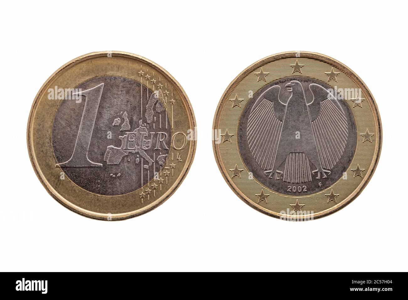 One Euro coin of Germany dated 2002 which shows the German eagle on the ...
