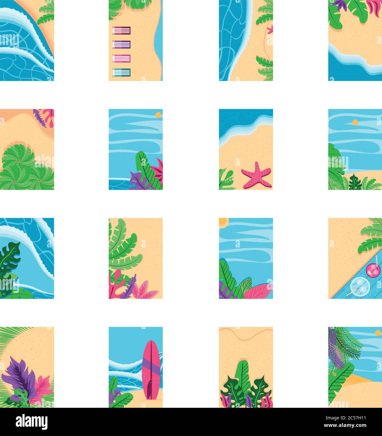 Summer backgrounds top view detailed style frames set design, vacation ...